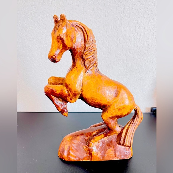 Art | Vtg Large Hand Carved Wooded Horse Figurine Rearingup On Wood ...